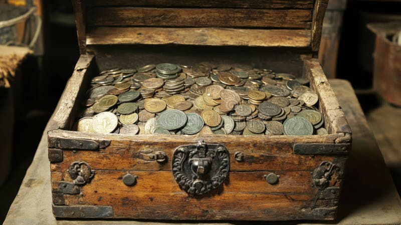 Ancient Wooden Treasure Chest Filled with Coins and Medieval Artifacts Stock Illustration ...