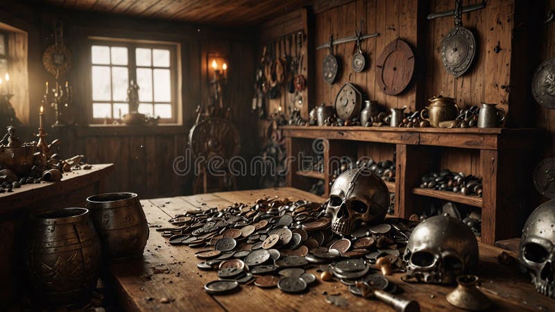 Ancient Workshop Interior with Skulls, Coins, and Metal Crafting Tools ...