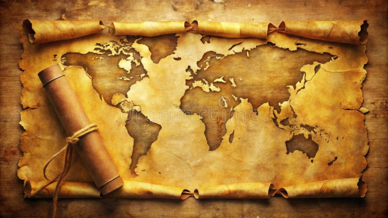 Ancient World Map on Aged Parchment with Rolled Document. Generative AI ...