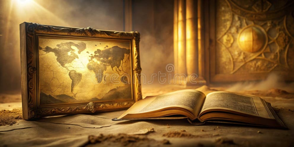 Ancient World Map in Gilded Frame beside Open Book on Dusty Surface ...