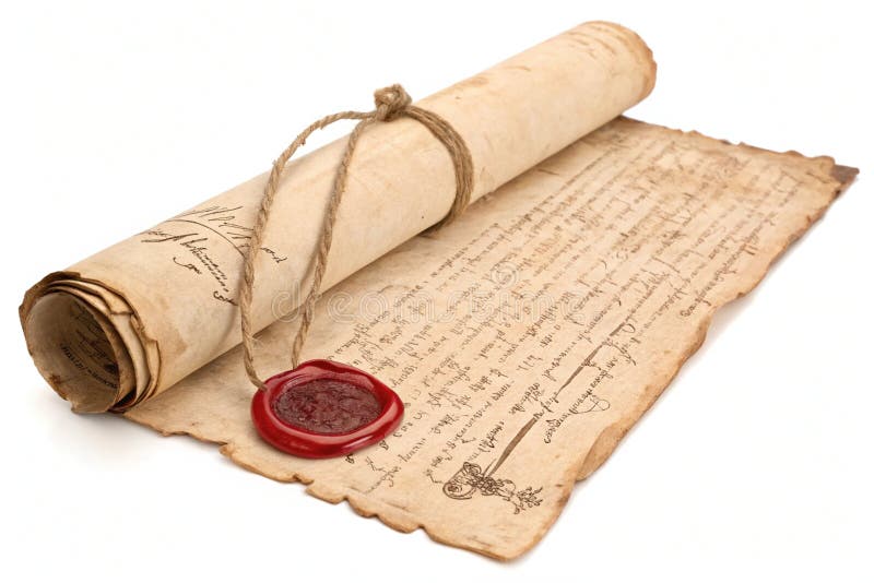Ancient Worn Parchment Scroll with Red Wax Seal â€ Vintage Document Design Stock Illustration ...