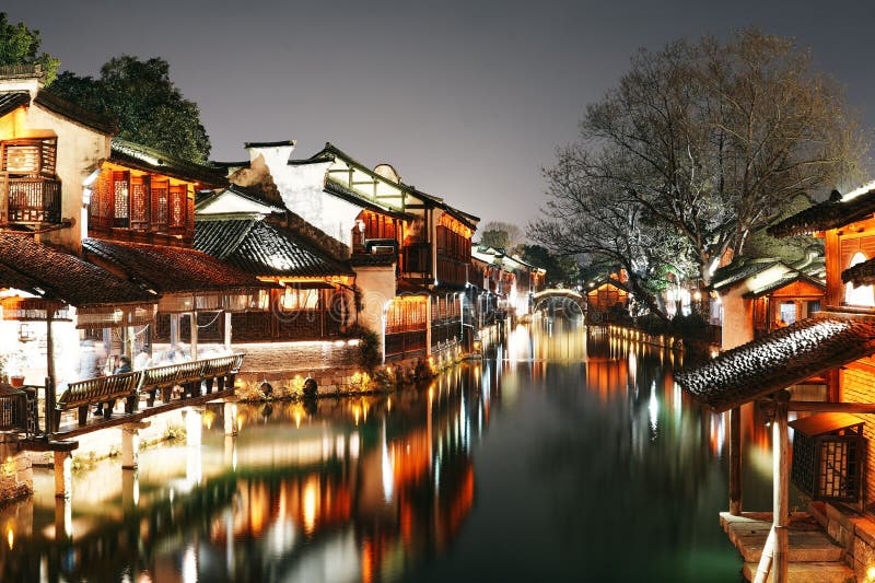 Ancient Wuzhen Watertown at Night Stock Photo - Image of asia ...