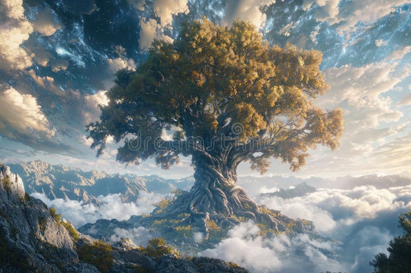 Ancient Yggdrasil Tree of Life Above the Clouds in a Mystical Landscape ...