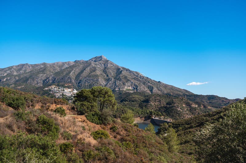 Andalusian Landscape with Mountain Range and Reservoir Under Clear Blue ...