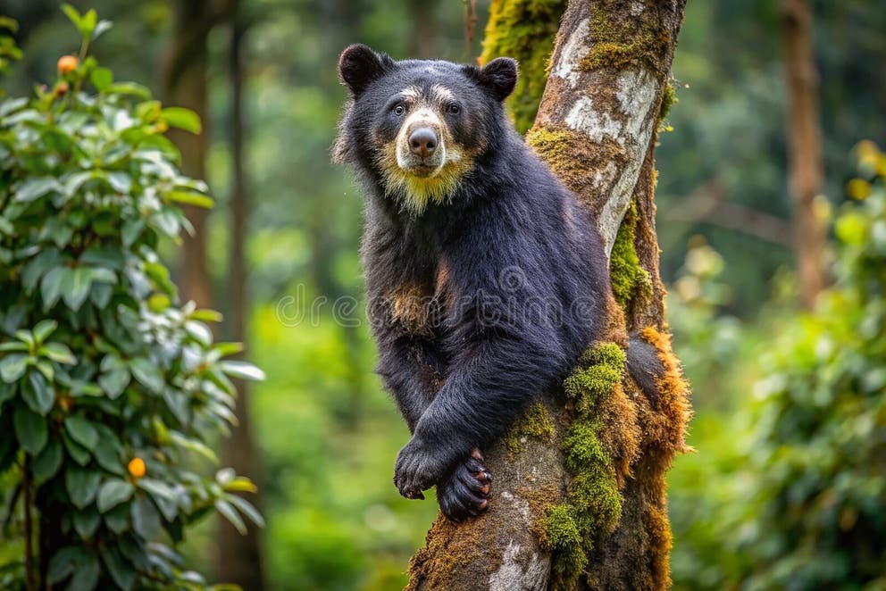 Andean Bear in Rainforest Tree, Wildlife in Lush Forest Stock ...