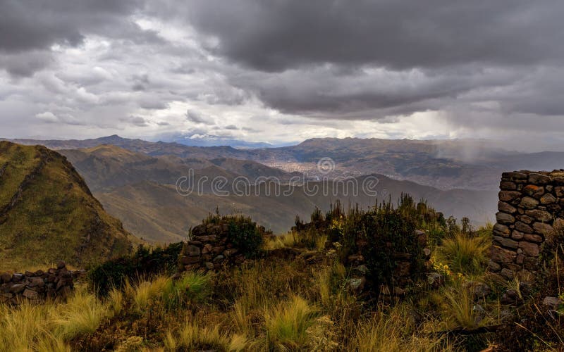 Andes Mountains with Storm Clouds and Ancient Ruins. Stock Image ...