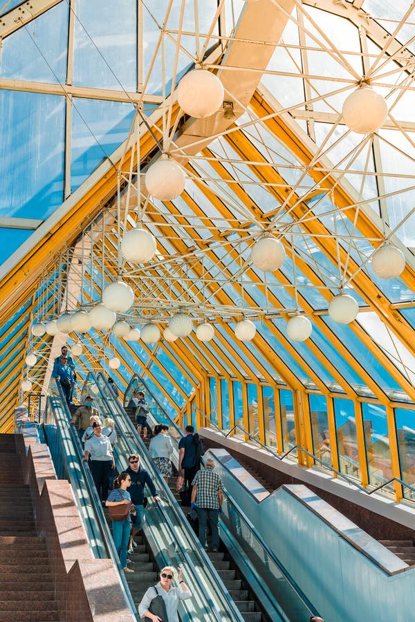 Bridge in Moscow, Bright Modern Yellow Interior Inside the Pedestrian ...