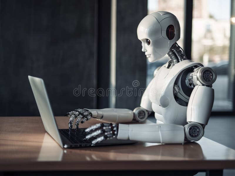 Android Artificial Intelligence Robot Cyborg Working on a Laptop in ...