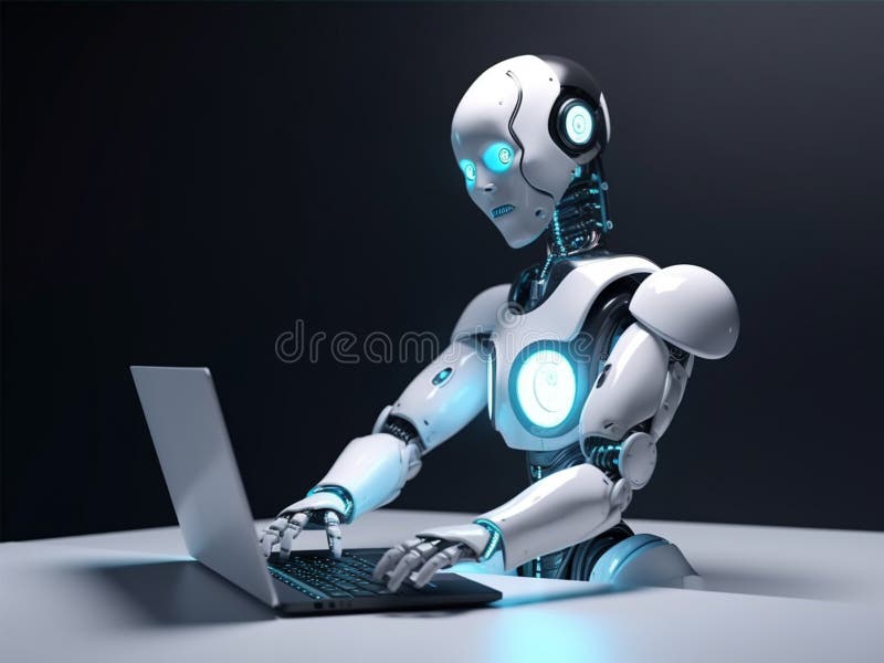 Android Artificial Intelligence Robot Cyborg Working on a Laptop in ... Android Artificial Intelligence Robot Cyborg Working on a Laptop in ...