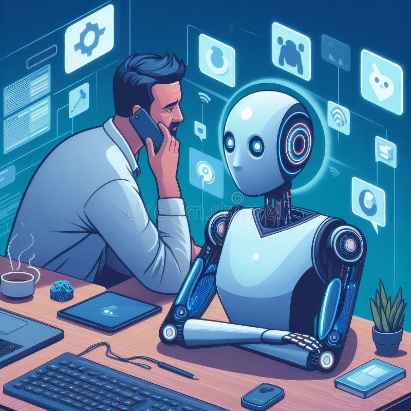 Android Assistant in the Office, Man Talking on the Phone, Blue Light ...