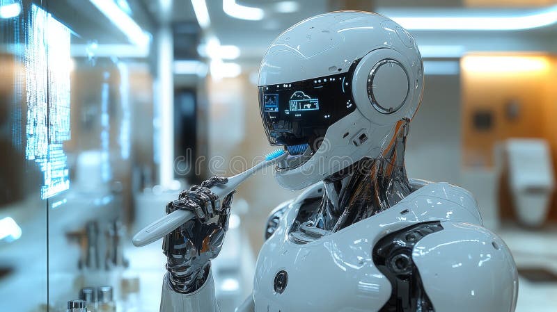An Android Brushing Its Teeth in a Sleek Futuristic Bathroom Setting at ...