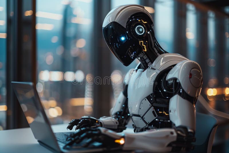 Android Businessman Using Chatbot on Laptop in Modern Office Stock ...