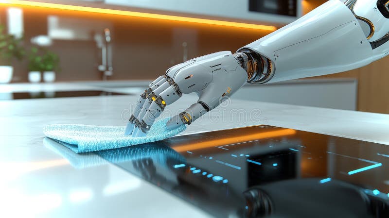 Android Cleaning Modern Kitchen Counter Futuristic Home Environment ...