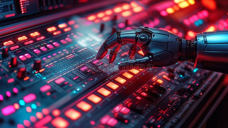 An Android Composes Music Tracks on a High-tech Console Surrounded by ...
