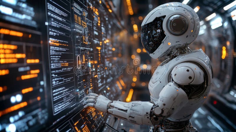 An Android Conducting a Final Maintenance Check in a Futuristic Control ...