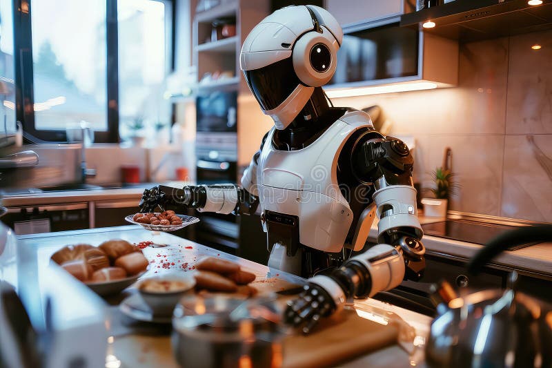 Android Cooking in a Brightly Domestic Kitchen Generated with AI Stock ...