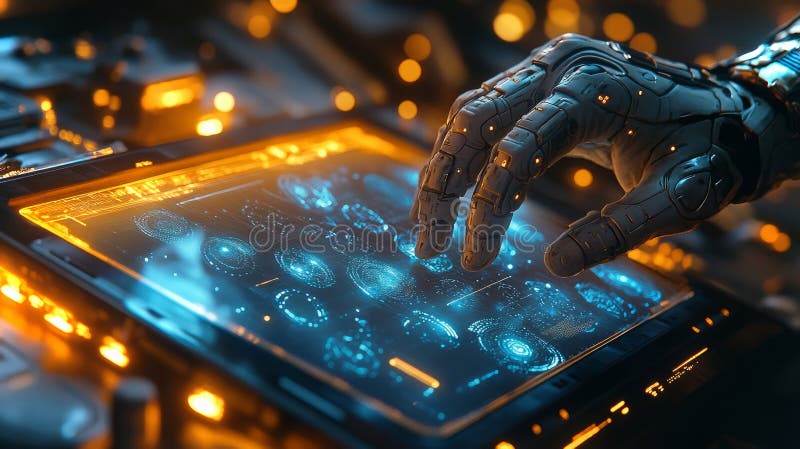 An Android Creatively Drawing on a Futuristic Tablet in a High-tech ...