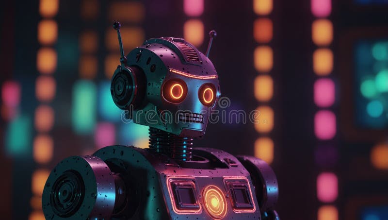 Android Disco Retro Robot with Neon Background, Futuristic. Stock Image ...