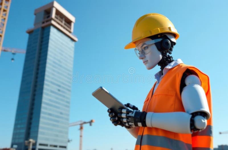 Android Engineer in Construction Gear Operating Tablet at Construction ...