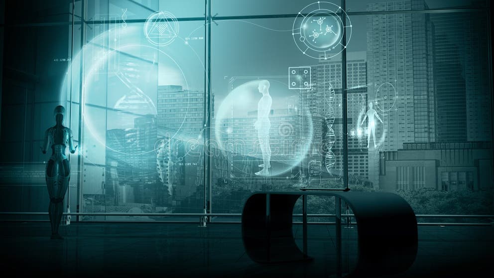 An Android Examines the Data on the Structure of the DNA, 3D Render ...