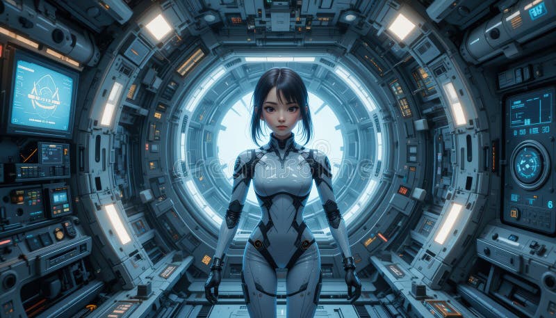 An Android Girl Inside a Space Station. Stock Illustration ...