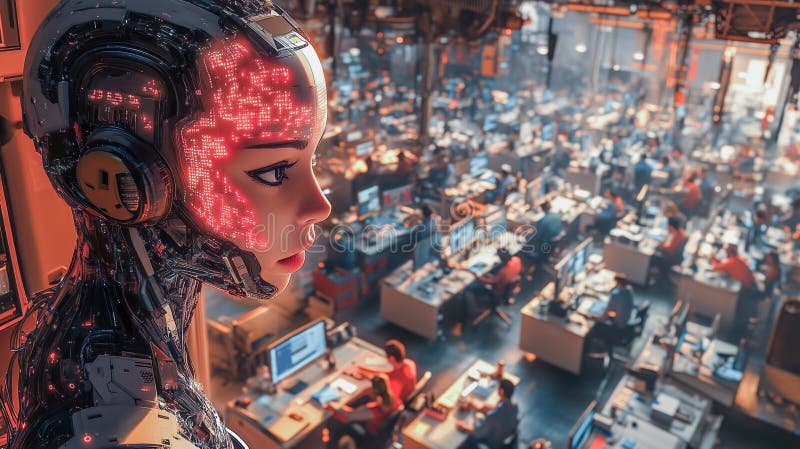 Android Girl Looks Down on the Employees Working in an Open Space ...