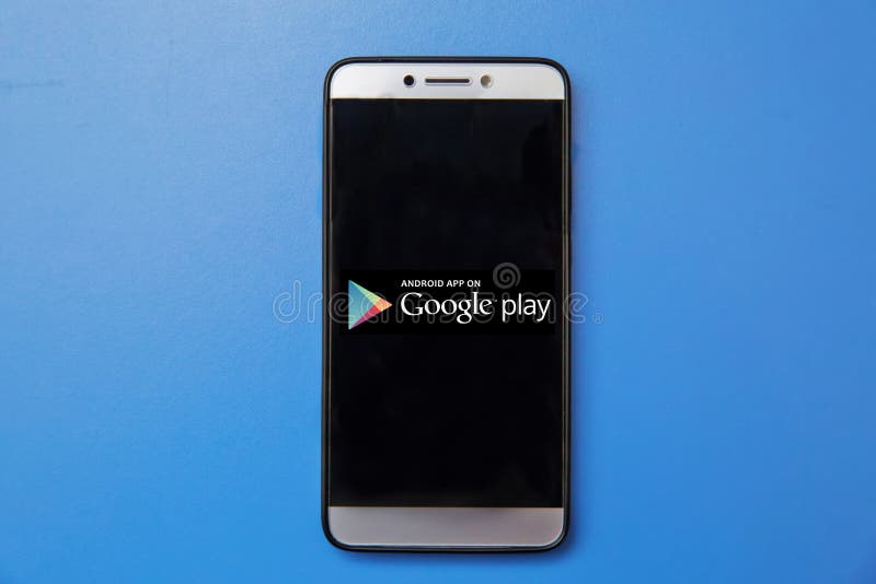 Android Google Play Store Logo on Smartphone Screen on Blue Background ...