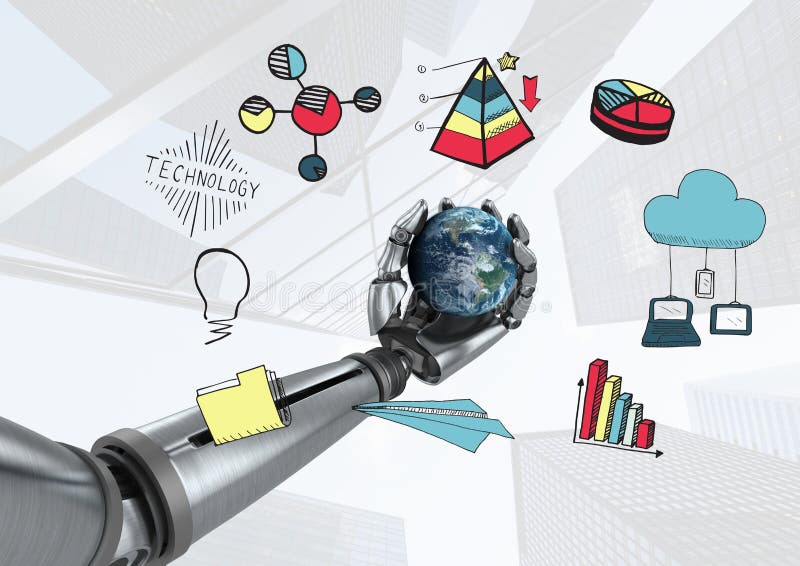 Android Hand Holding Earth and Statistics Text with Drawings Graphics ...