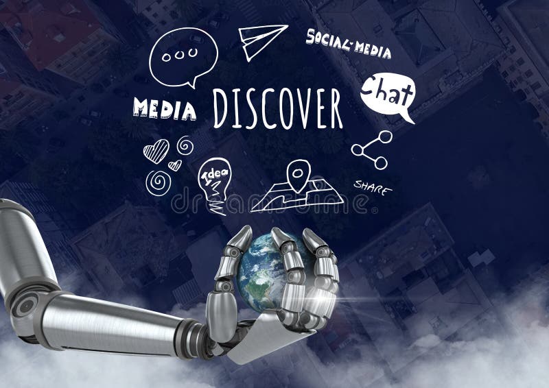 Android Hand Holding Planet Earth Over City with Discover Text with ...