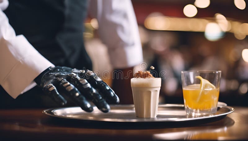 Android Hand Resting on a Tray beside a Cup, AI-generated. Stock ...