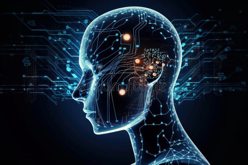 An Android Head with Glowing Eyes and Digital Brain Stock Illustration ...