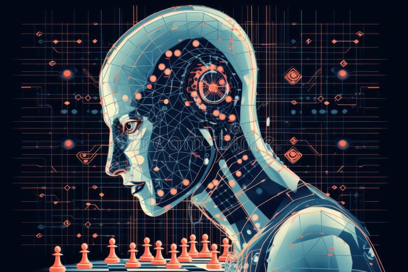 An Android Head with Glowing Eyes and Digital Brain Stock Illustration ...