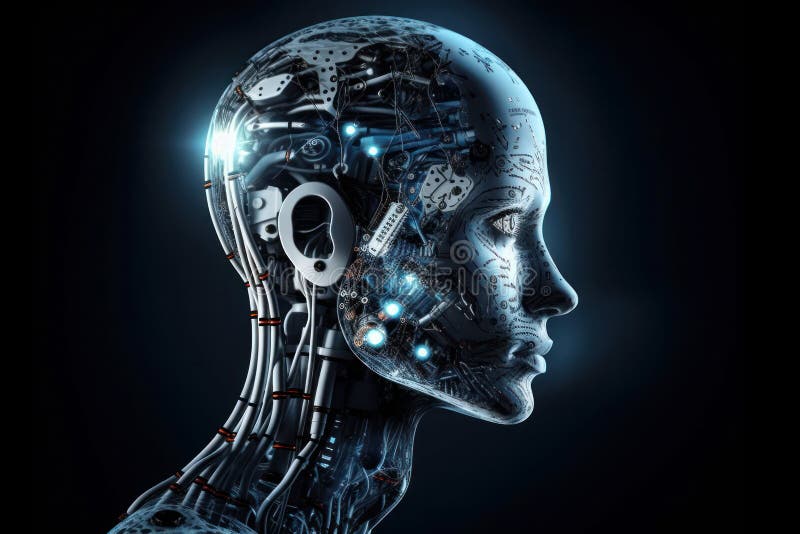 An Android Head with Glowing Eyes and Digital Brain Stock Illustration ...