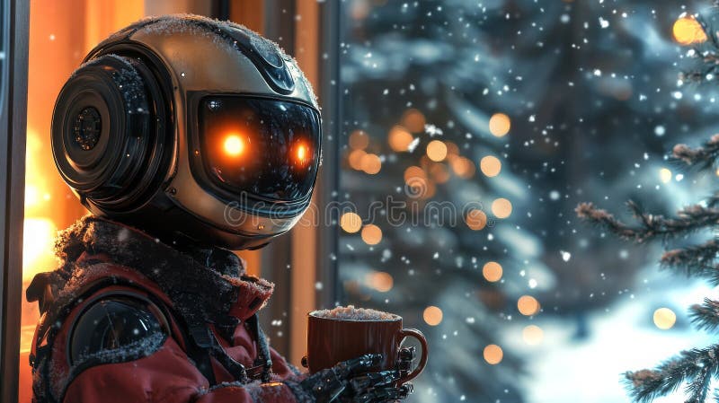 An Android Holding a Mug by the Window while Snow Falls in a Cozy ...