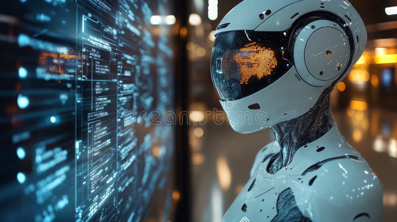 An Android Interacts with a High-tech Smart Mirror in a Futuristic ...