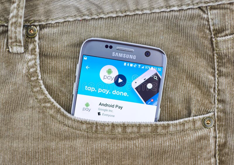 Android Pay on a Cellphone Screen in a Jeans Pocket. Editorial Photo ...