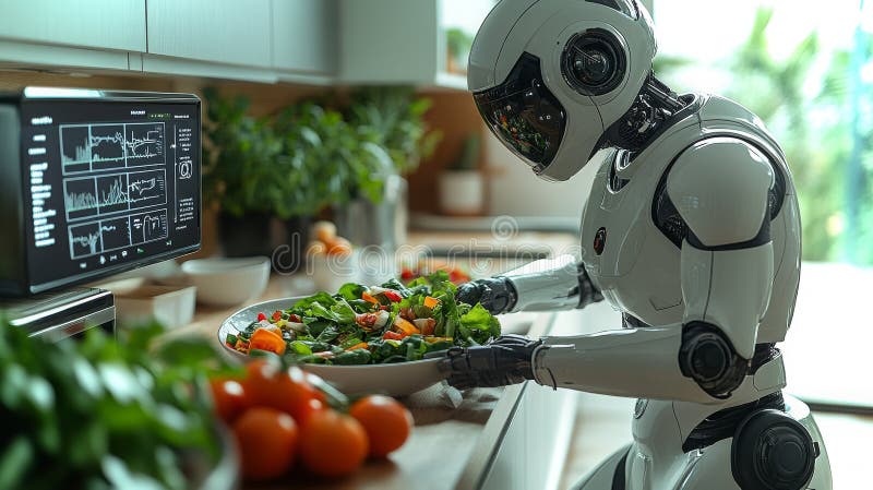 An Android Prepares a Vibrant Salad in a Modern Kitchen during Daylight ...