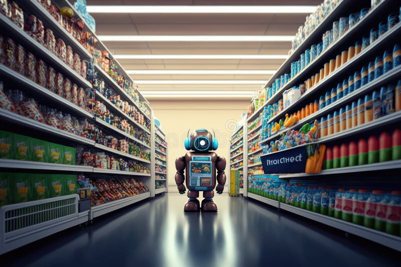 Android Robot Browsing Aisles of a Busy Grocery Store Stock ...