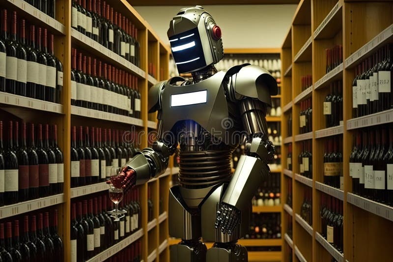 Android Robot, Browsing the Selection of Fine Wines in High-end Wine ...