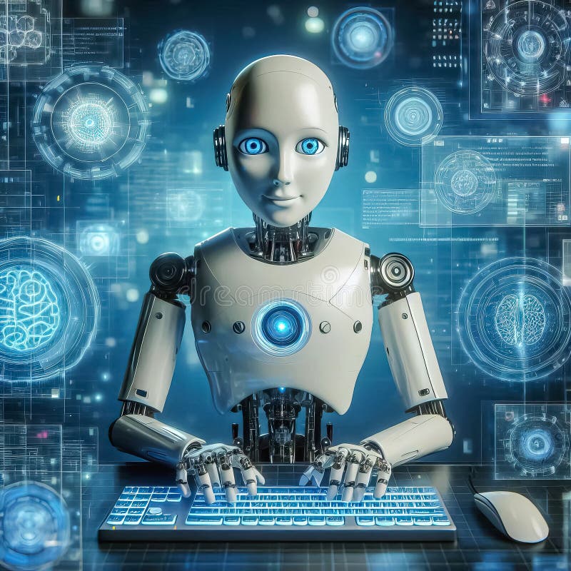 Android Robot at Computer Sitting at Table in Virtual Reality ...