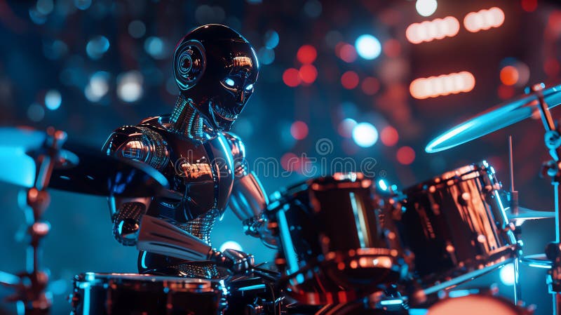Android Robot Drummer Playing Drums at a Pop Music Concert Stock ...