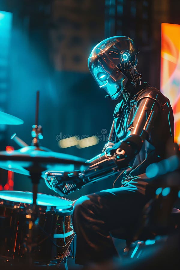 Android Robot Drummer Playing Drums at a Pop Music Concert Stock ...