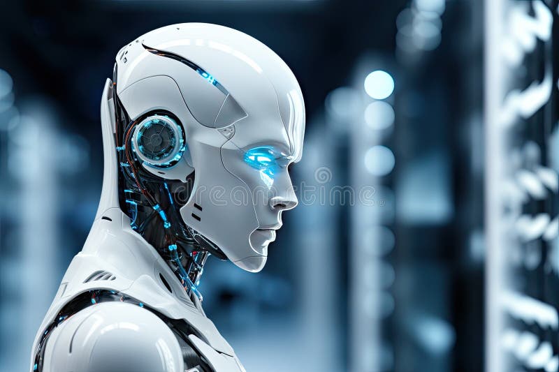 The Android Robot of the Future with Glowing Eyes in the Machine Room ...