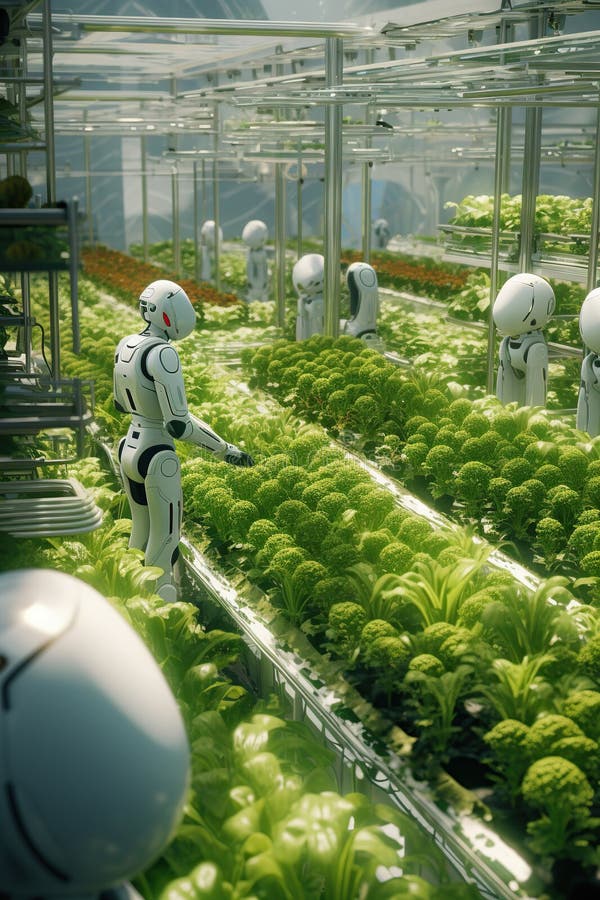 Android Robot Grows Vegetables and Greens in a Large Greenhouse, Stock ...