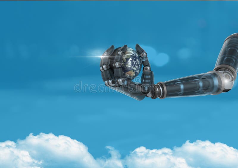 Android Robot Hand Holding Planet Earth with Blue Background Stock ...