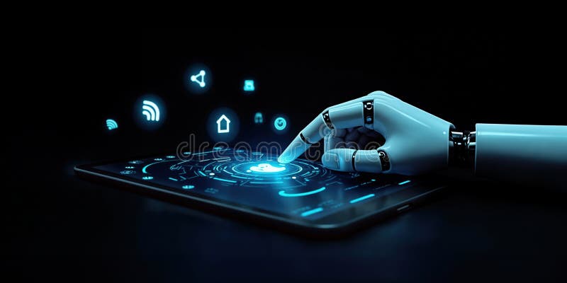 Android Robot Hand Operates a Tablet Stock Illustration - Illustration ...