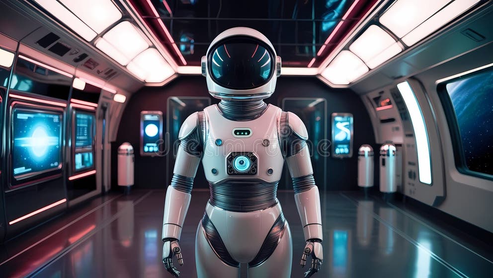 Android Robot in Helmet on Futuristic Spaceship Board Stock ...