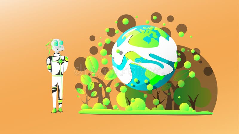 An Android Robot Looks at the Beauty of the Planet. Stock Vector ...