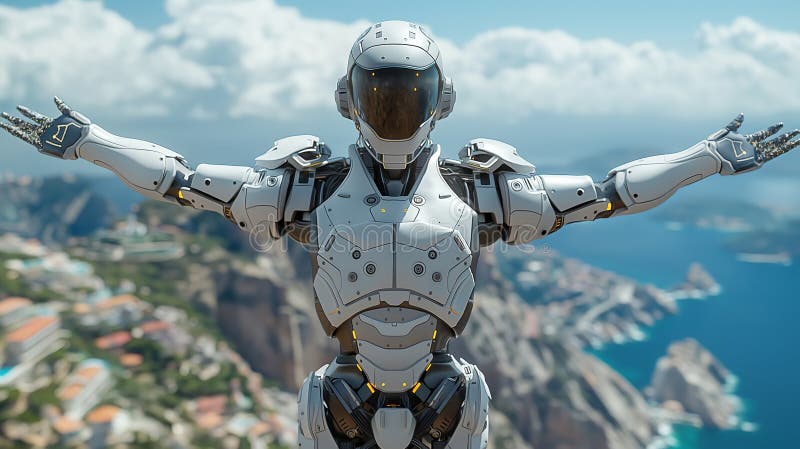 Android Robot Looks at Cityscape from Top of Skyscraper Stock Image ...