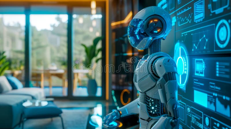 Android Robot Monitoring Smart Home Using Control Panel App Stock Image ...